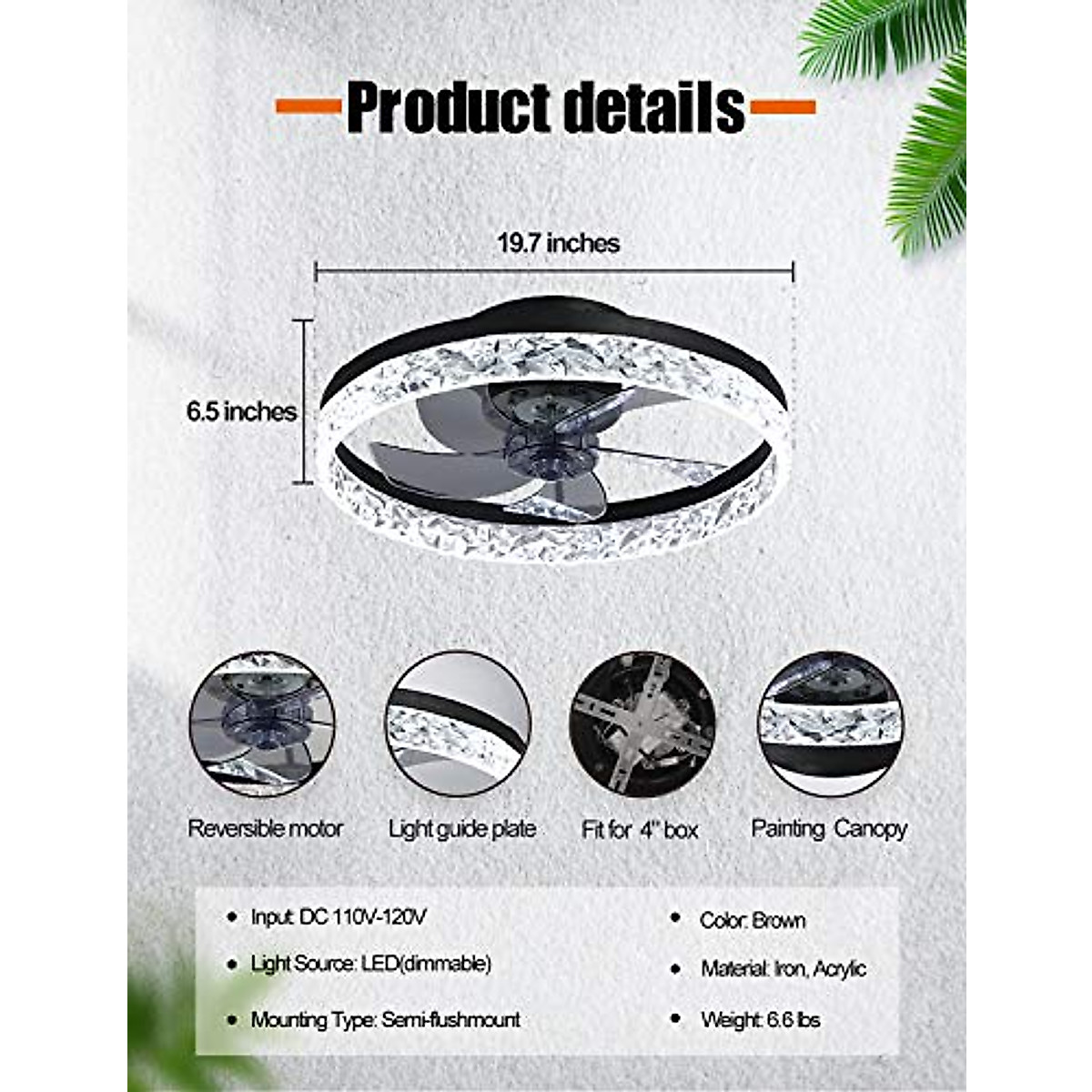 QUMFIXPU 20" Round Flush Mount Ceiling Fan with Lights, Modern Dimmable LED Low Profile Fan, Hidden Reversible Blades, Multi-Speed and Timing with Remote Control (Black)…