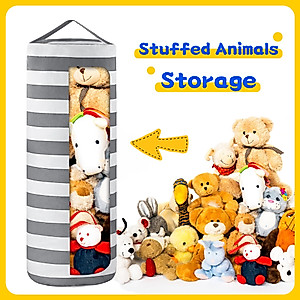 LAHAQIQI Stuffed Animal Storage Bean Bag Cover for Kids Plush Toys Organizer Bags for Boys and Girls A Full-length Zipper Cylinder Room Furniture Decor - Organize, Sit, Play & Box
