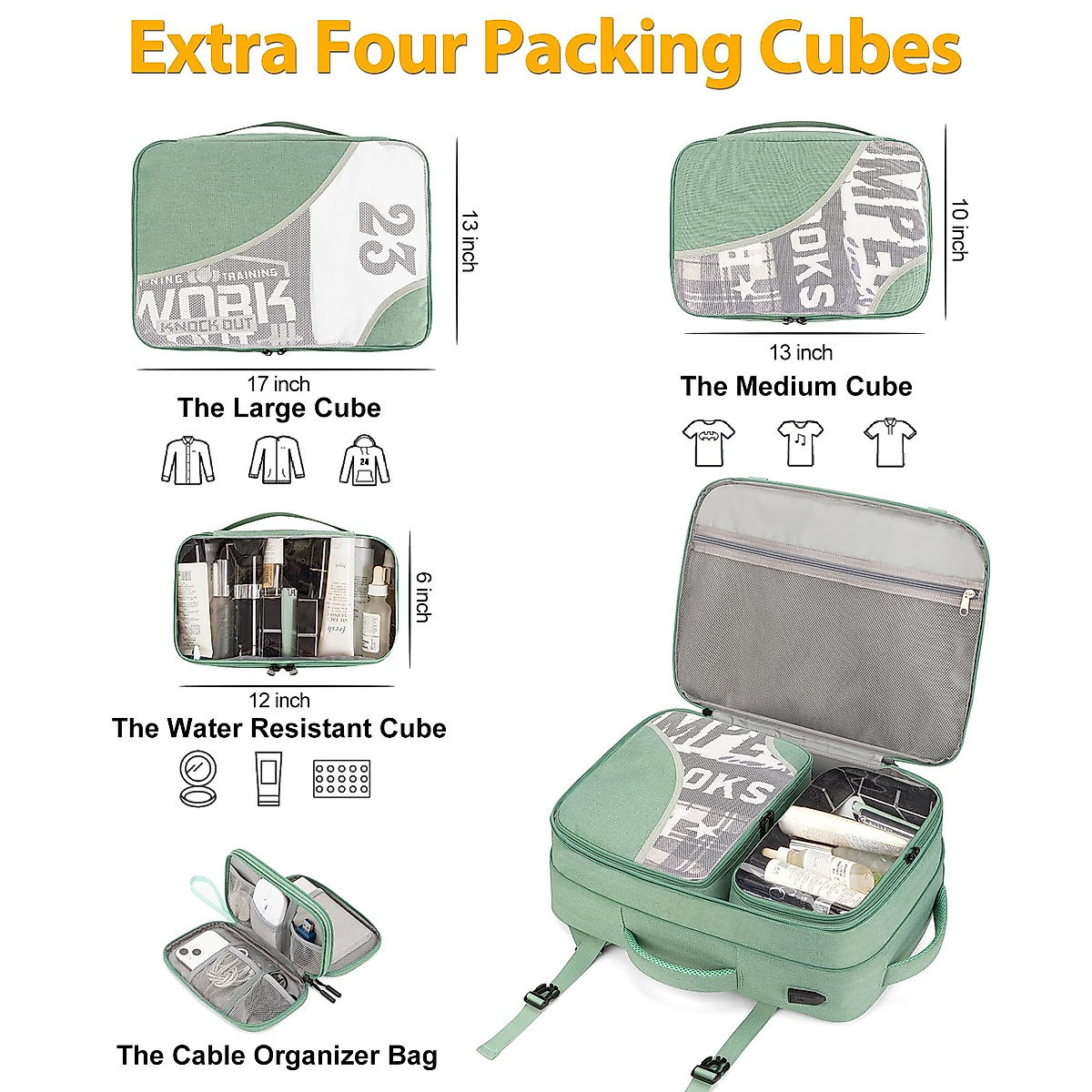 BAGODI Carry On Backpack for Men Women,42L Flight Approved Travel Backpack with 4 Packing cubes,Expandable Water-resistant 17Inch Laptop Backpack,Casual Daypack Businless Weekend Hiking