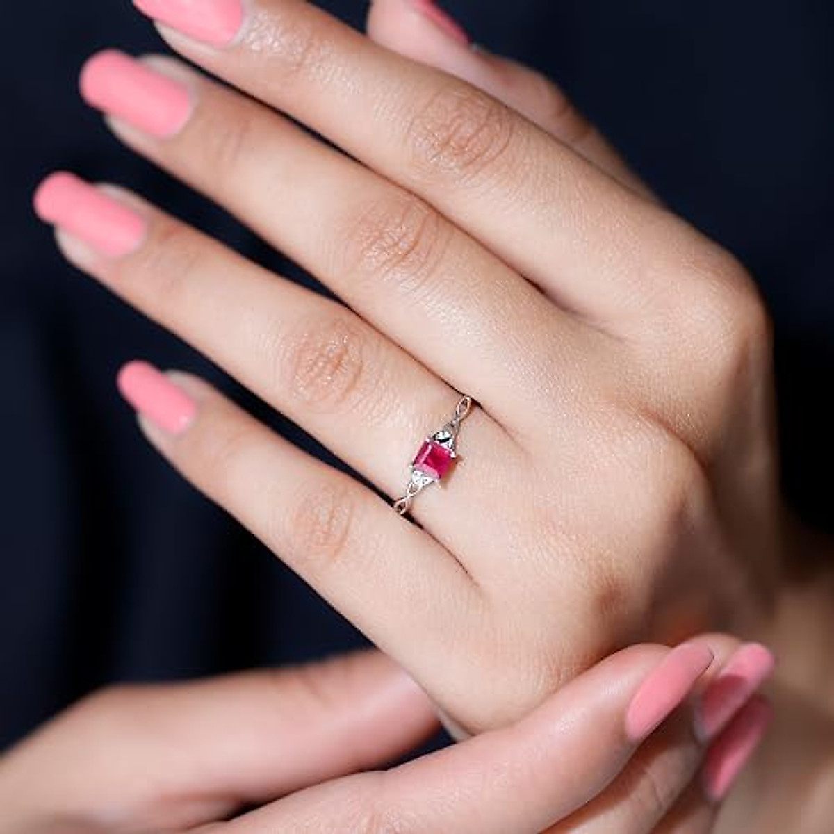 Rosec Jewels Princess Cut Ruby Solitaire Promise Ring for Women - Celtic Knot Ring | Natural and Certified Ruby | AAA Quality, 14K White Gold, Size:US 7.50