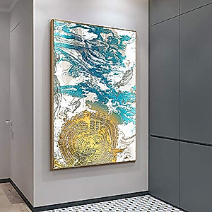 Abstract Blue with Gold Paintings Hand Painted Oil Painting On Canvas Fashion Modern Wall Art for Living Room,31inx47in,No Frame