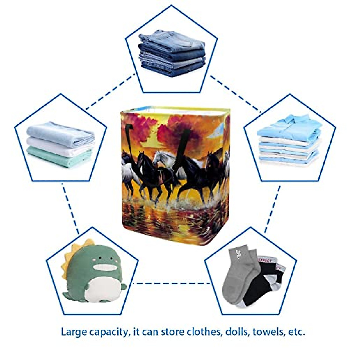 Horses Runs in Splashes Water Print Collapsible Laundry Hamper, 60L Waterproof Laundry Baskets Washing Bin Clothes Toys Storage for Dorm Bathroom Bedroom