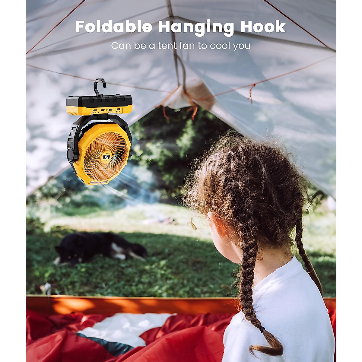 3-in-1 Portable Camping Fan - 9 inch 12000mAh Detachable Battery Rechargeable Fan with LED & Remote - 4 Speeds Battery Powered Outdoor Fan for Tent,Travel, Office, Jobsite