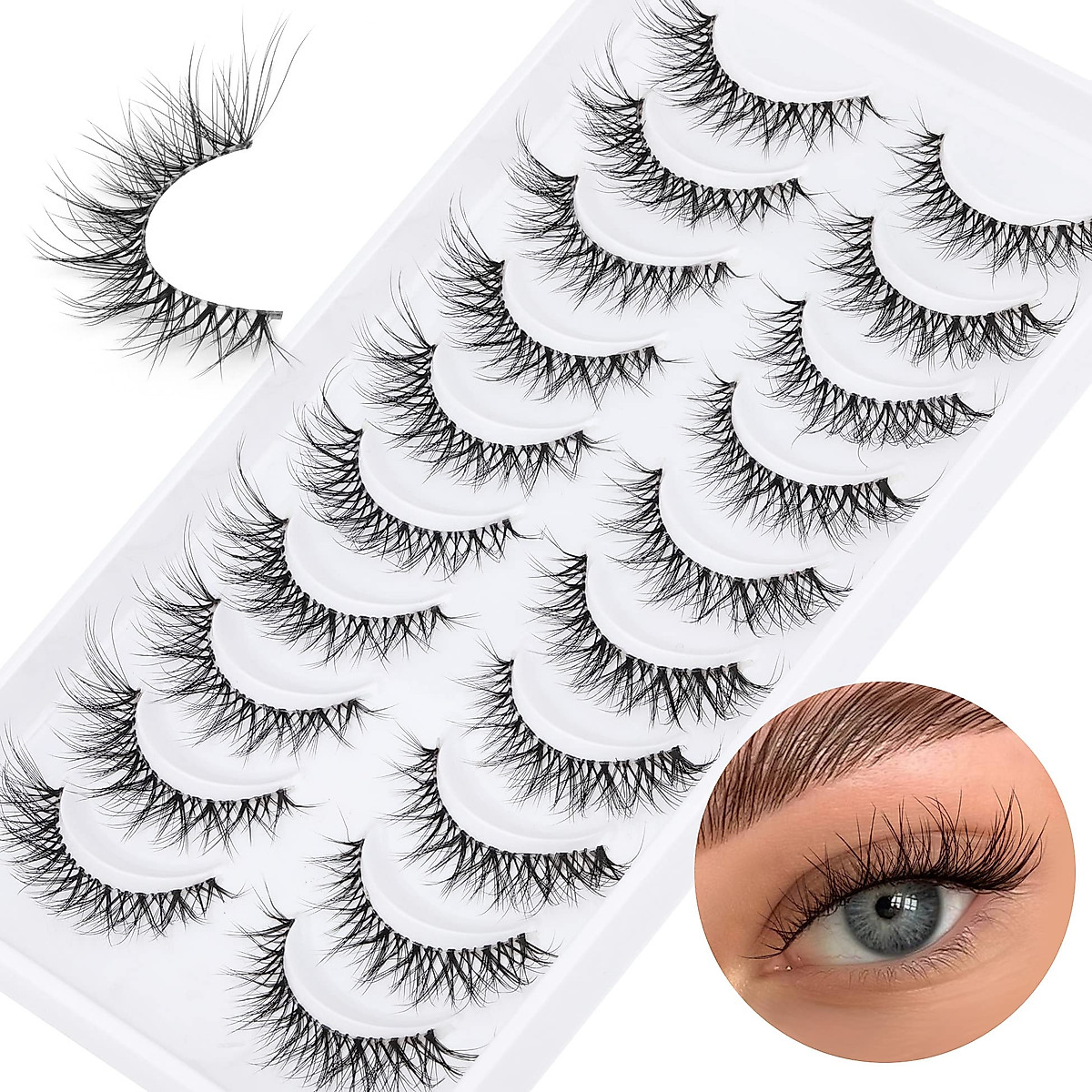 Lashes Natural Look Wispy Eyelashes Clear Band Lashes Cluster Short Mink Fluffy Fox Eye 15mm Lash Extensions Cat Eye False Eyelashes Pack, 10 Pairs, Not Fall Apart