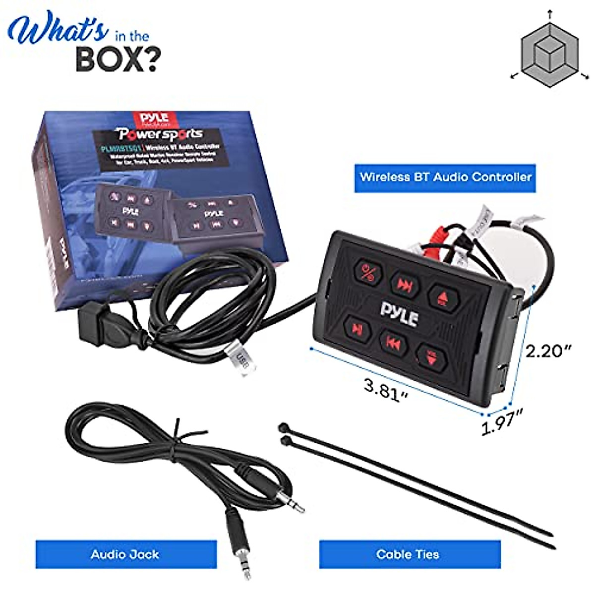 Pyle Car Wireless Bluetooth Audio Controller - Bluetooth Media Button IPX6 Waterproof Rated Marine Receiver Remote Control w/USB, AUX - for Car Truck Boat Marine PowerSport Vehicles - Pyle PLMRBTSQ1