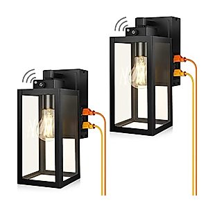 Lamomo Outdoor Wall Lights, 2 Pack Dusk to Dawn Porch Light with GFCI Outlet, Anti-Rust Waterproof Black Exterior Light Fixture, Outside Front Wall Sconce for House, Doorway, Glass Shades, E26 Socket