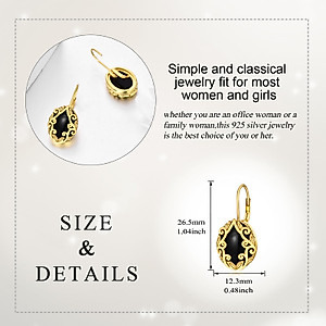 Black Earrings Sterling Silver Onyx Oval Leverback Earrings 18K Yellow Gold Plated Filigree Boho Dangle Earrings Jewelry Christmas Gifts for Women (Black onyx earrings)