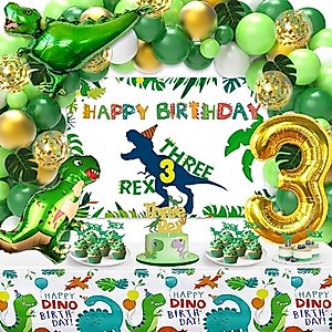 Three Rex Birthday Party Decorations Boy, 3rd Dinosaur Birthday Decorations with 3 Rex Birthday Backdrop Dinosaur Balloon Kit Tablecloth and Cake Toppers for Dino Birthday Decorations for Boys