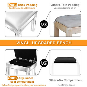 VINGLI Mirrored Vanity Stool with Storage, Faux Leather Ottoman, Makeup Dressing Table Bench, Silver