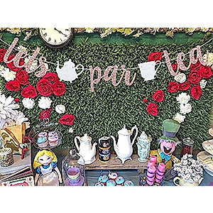 Let's Par Tea Rose Gold Glitter Banner Sign Garland With Teapot Teacups Pre-strung for Tea Party Decorations