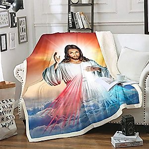 Erosebridal Jesus Blanket Throw Christian Easter Floor Throw Queen Size for Teens Adult Women Mary Bless Theme Religious Culture Plush Bed Blanket Blue and Red Lines Stripe Cloud Fleece Blanket