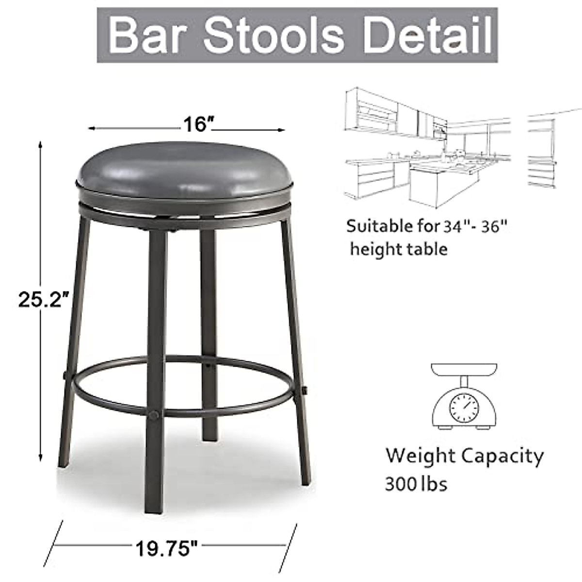 OUllUO Swivel Bar Stools Set of 2, 25 Inch Backless Counter Bar Height Stools, PU Leather Round Kitchen Counter Stools, Industrial Kitchen Island Stools with Metal Base, 520P-SGPU, Grey, 2Pcs