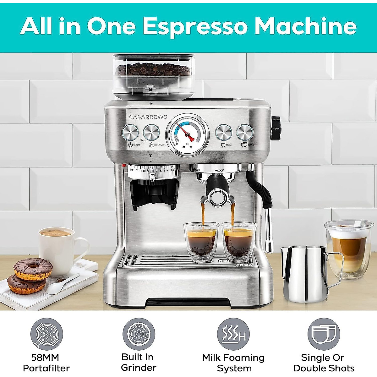 CASABREWS Espresso Machine With Grinder, Professional Espresso Maker With Milk Frother Steam Wand, Barista Espresso Coffee Machine With Removable Water Tank, Used