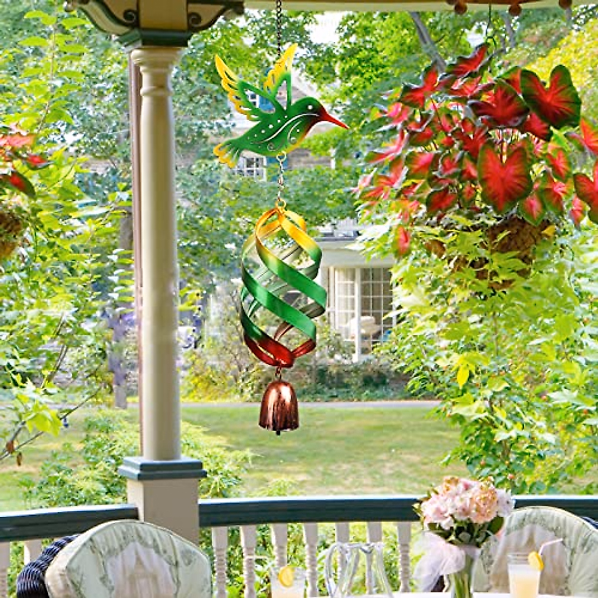 ASAKOKEA Hanging Hummingbird Wind Spinner with Bell Chime - Garden Décor