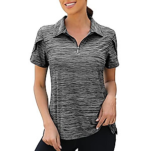 Viracy Golf Shirts Women, Collared T Shirts Overlap Short Sleeve 1/4 Zip Up Workout Tops Quick Dry Breathable Sun Protection Tops,Dark Grey-XL