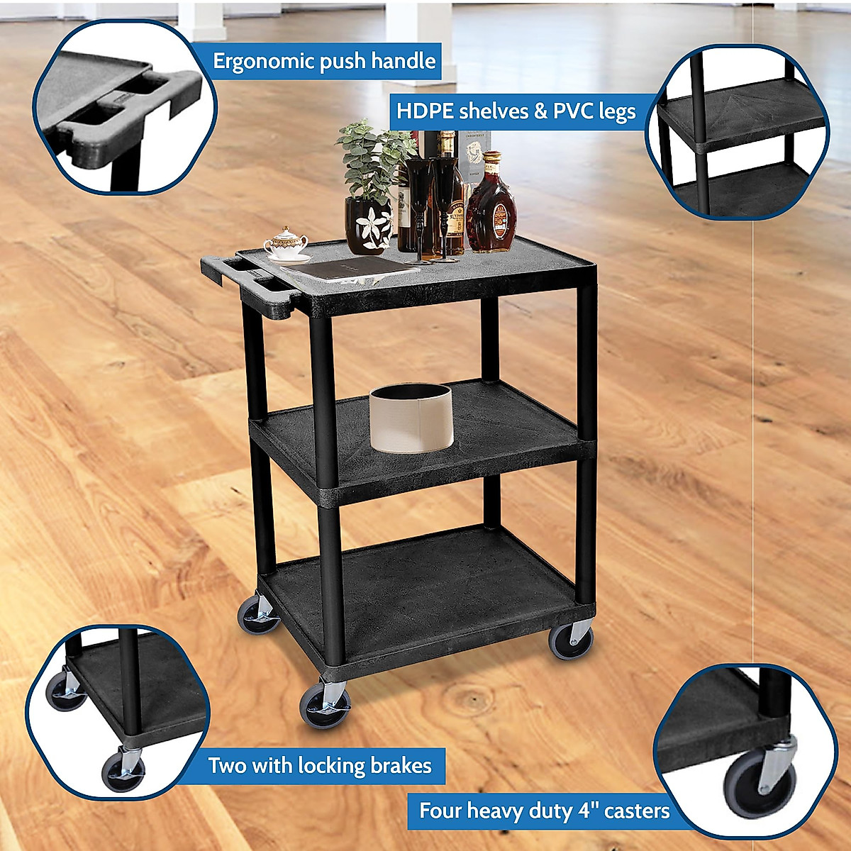 LUXOR STC222-B 3-Shelf Utility Cart, Black