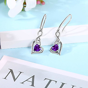 Amethyst Birthstone Drop Earrings for Women - Shysnow February Infinity Dangle Earrings 925 Sterling Silver Heart Purple Cubic Zirconia Drop Crystal Dangling Earrings