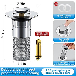 Bathroom Sink Drain Strainer, Pop Up Sink Drain Filter with Removable Stainless Steel Filter Basket Hair Catcher, Bathroom Sink Drain Stopper, for Us Bathroom Sink Stopper Replacement (2pcs)