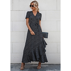 PRETTYGARDEN Women's Summer Wrap Maxi Dress Casual Boho Floral V Neck Short Sleeve Ruffle Hem Split Beach Long Dresses (Black,XX-Large)