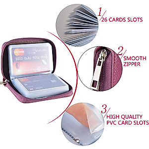 Easyoulife Genuine Leather Credit Card Holder Zipper Wallet With 26 Card Slots (Purple)