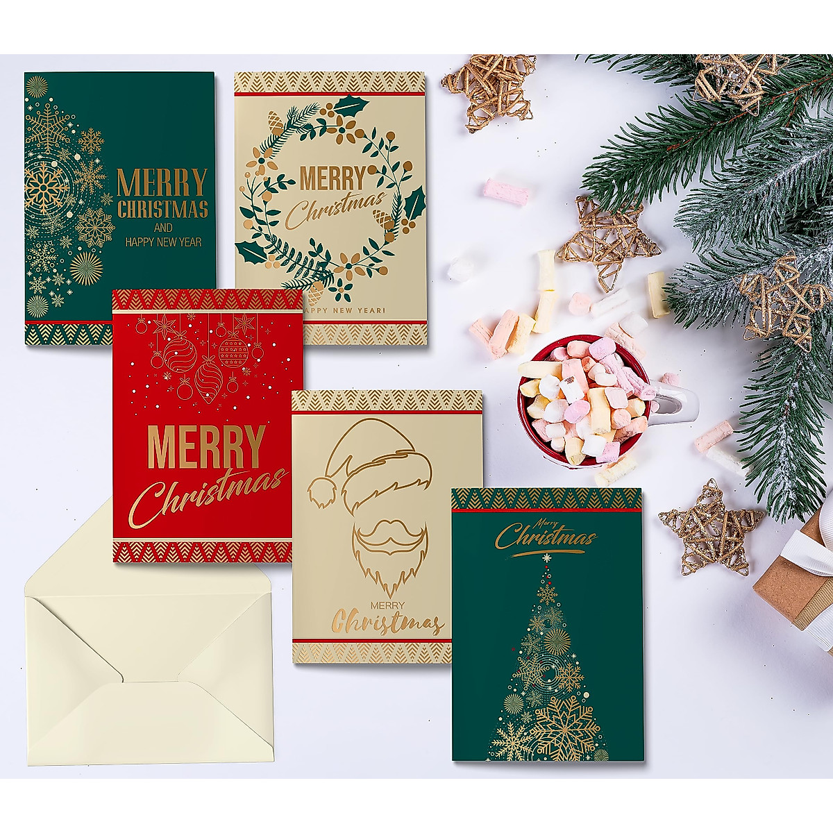 Better Office Products 50 Pack Christmas Cards with Gold Foil Iconic Images, 5" x 7", High Gloss, Gold Foil Interior Greeting, with 50 Envelopes, 50 Count Boxed Set