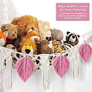 Dremisland Stuffed Animal Toy Net Hammock with Star Light Boho Leaf Macrame Tassel Corner Toy Organizer Bohemian Woven Decor Display Holder for Girls Room Nursery Kids Bedroom Play Room Decor (Pink)