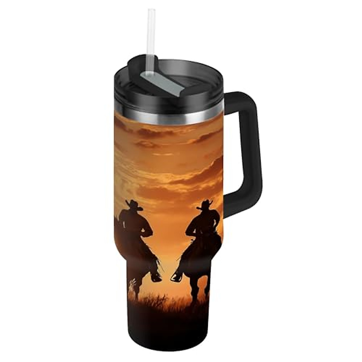 Flradish 30oz Tumbler with Handle, Desert Troops Cowboy under Sunset Stainless Steel Tumbler with Lid and Straws Double Wall Vacuum Insulated Leakproof Coffee Travel Mug