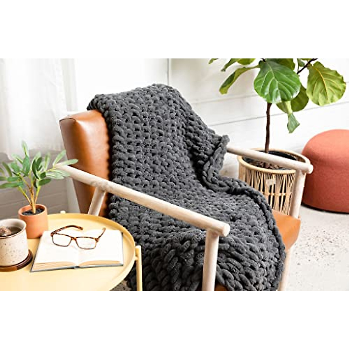 Chunky Knit Cozy Yarn Oversized (50" L x 60" W) Blanket, Fluffy Comfort Machine Washable, Thick Soft Included Laundry Bag