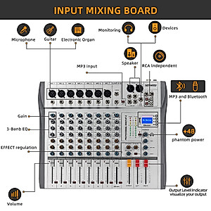 SENWOSI MT-8 8-Channel Sound Board Mixer Amplifier Mixing Console USB Bluetooth Audio Interface Microphone Preamplifier Phantom Power 3 band EQ Steel Chassis DJ Studio Music production