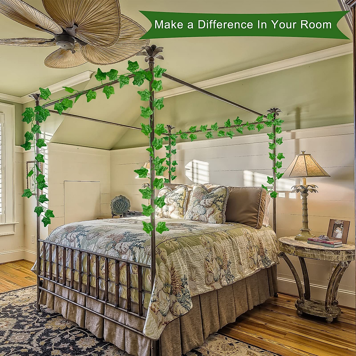 OHEMDI 12 Pack 84 feet Artificial Ivy Greenery Garland, Fake Vines Pants with Fake Leaves, Vines for Bedroom Wedding Home Kitchen Garden Party Room Decor (Green)