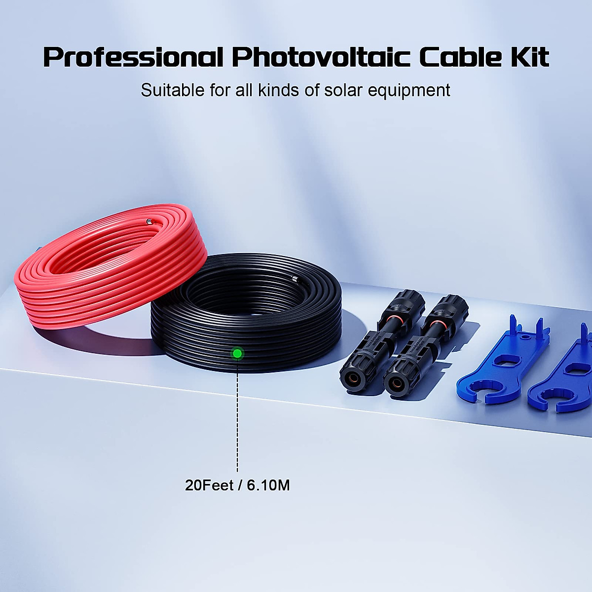 Bateria Power 20FT 10AWG(6mm²) Solar Panel Extension Cable, with Female and Male Connectors and Extra Free Spanners, Solar Panel Adaptor Kit Tool(20FT Red + 20FT Black)