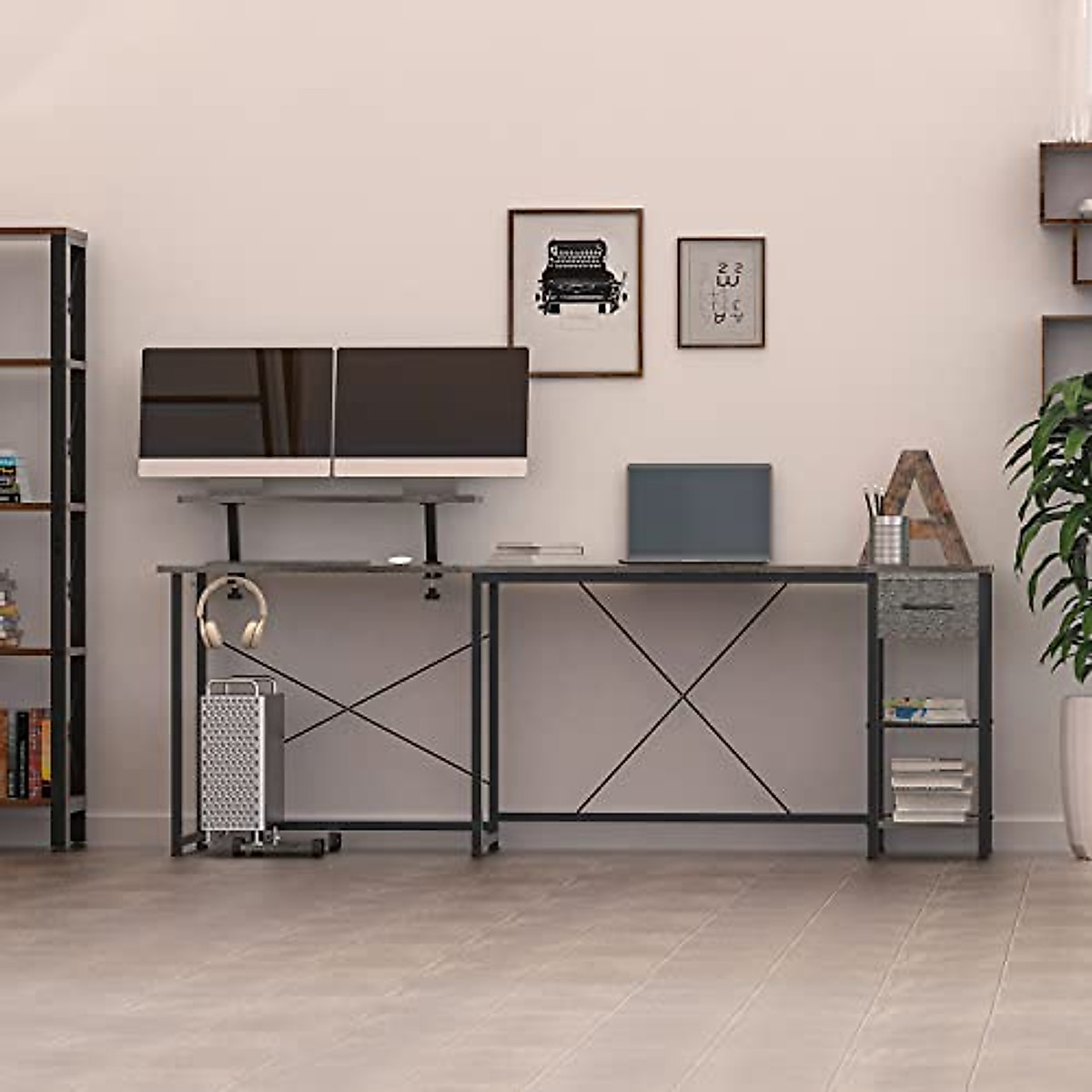 PONROL L Shaped Computer Desk with Storage Drawer Shelves and Monitor Stand, Modern Reversible Corner Gaming Table Sturdy Writing Workstation for Home Office