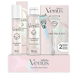 Gillette Venus For Pubic Hair And Skin Womens Shaving Kit, 1 Venus Handle, 2 Razor Blade Refills, 2 in 1 Cleanser And Shave Gel For Women 190mL, Daily Soothing Serum For Intimate Grooming 50mL
