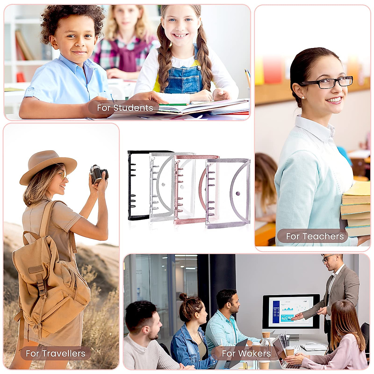 NEWEST 2 Pieces Clear PVC A6 Refillable Binder Covers, Shiny 6-Ring Personal Notebook Shell, Round Ring Binder Pocket with Snap Button Lock for Filler Organizer Planner Journal Album, Pink & Purple