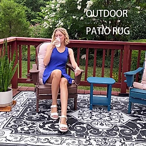 nalone Reversible Mats, Outdoor Rugs 6x9 for Patio, Outdoor Plastic Straw Rug, New York Patio Country Retro Transitional Geometric Outdoor Area Rug for RV, Camping, Deck, Picnic (6'X9', Black&White)