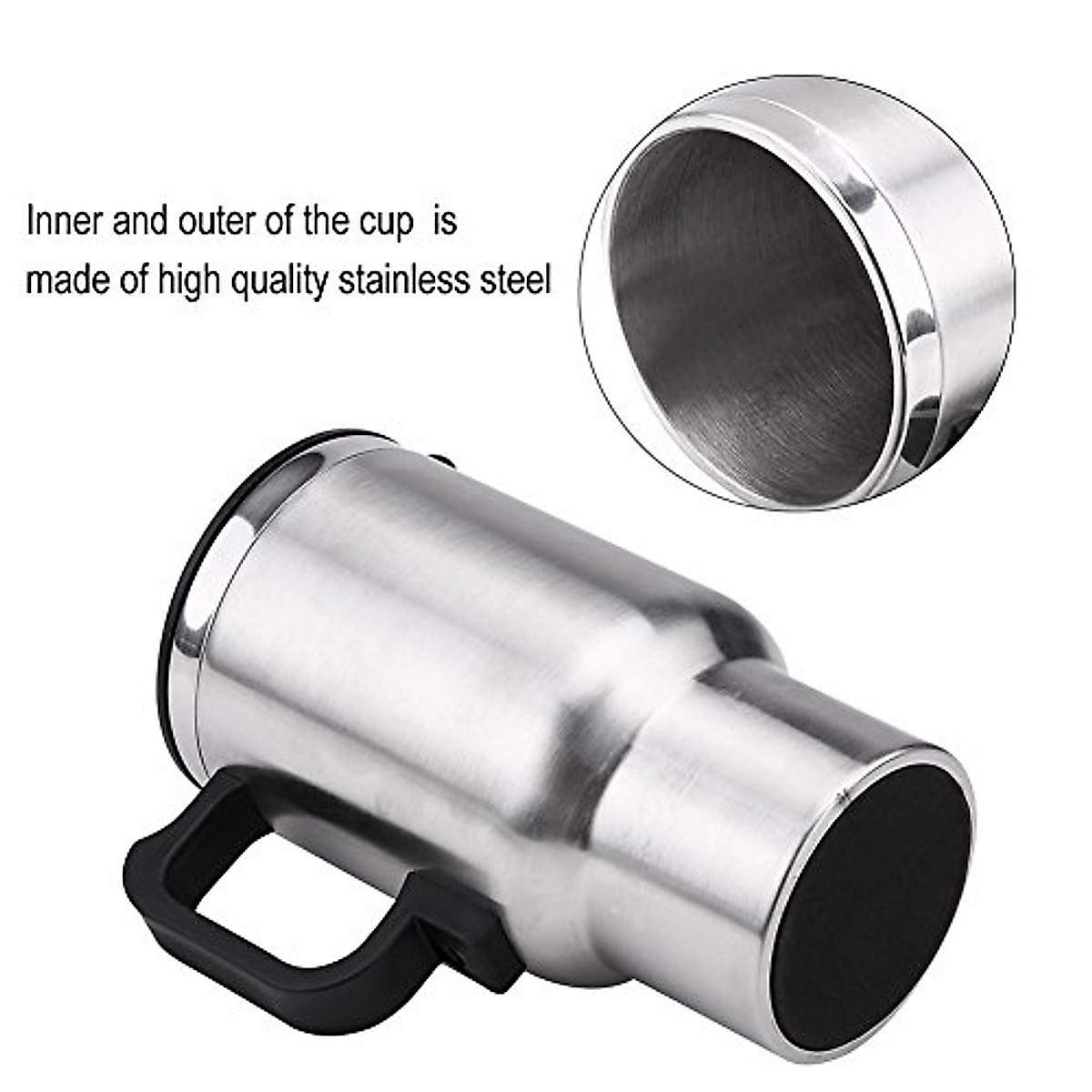 12V Car Heating Cup, 450ml/15oz 60W Stainless Steel Travel Heating Cup Car Heated Mug, Travel Car Kettle Heating Mug for Heating Water, Coffee, Milk, Tea