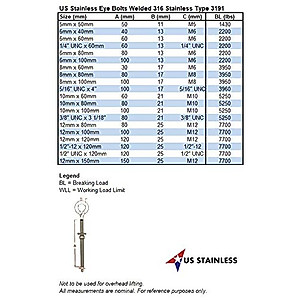 US STAINLESS Stainless Steel 316 1/2" Whitworth Eye Bolt 1/2" x 4 3/4" (12mm x 120mm) Marine Grade