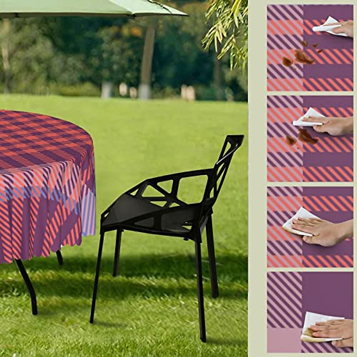 Checkered Pattern round outdoor tablecloth,Round Tablecloth with Umbrella Hole and Zipper for Patio Garden,Waterproof Spill-Proof,for Patio Garden Tabletop Decor(72" Round,Lavender Orange Purple)
