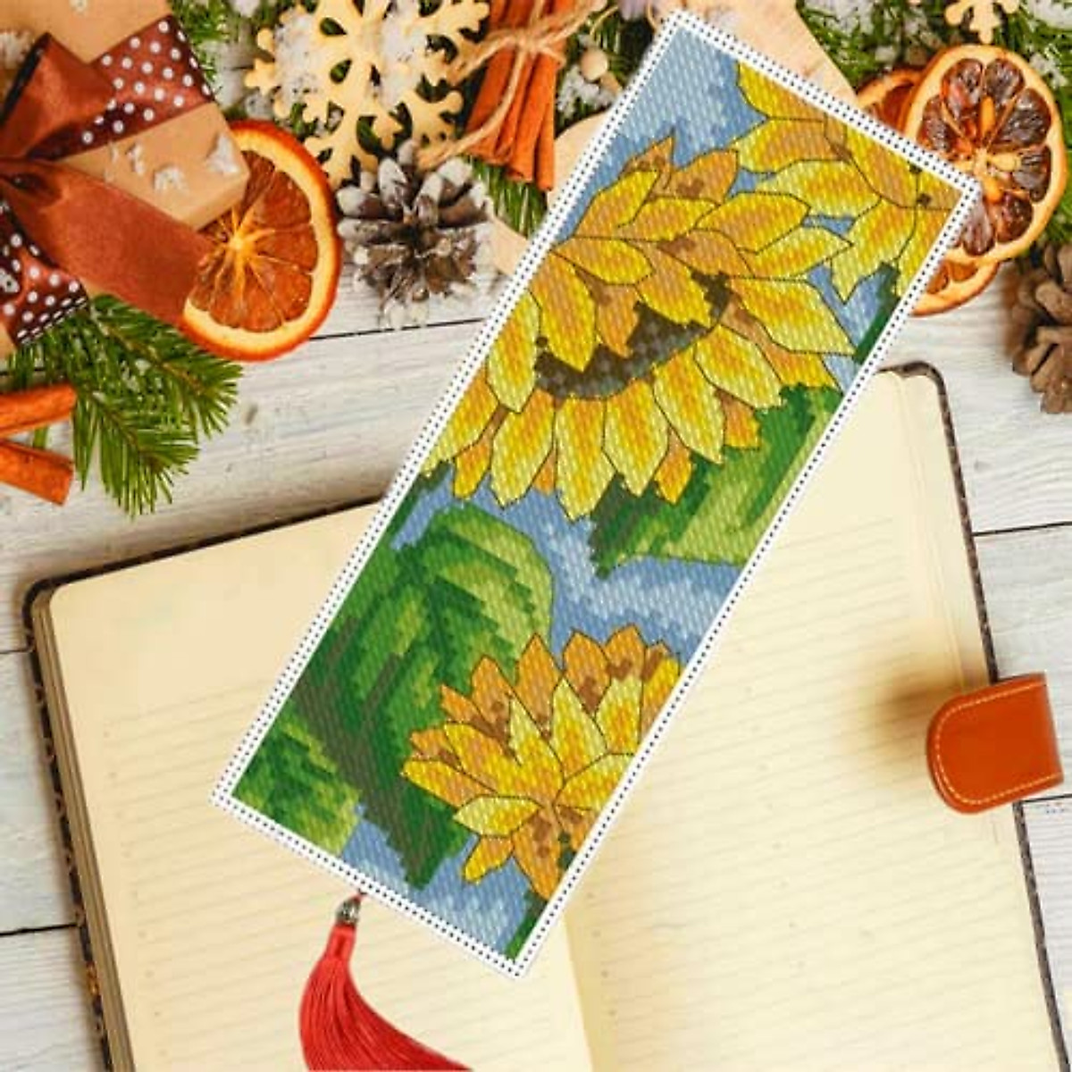 DIY Blank Canvas Bookmarks Yellow Sunflowers Counted Cross Stitch Kits for Adult Kids Beginner Embroidery Crafts Needlework Bookmark for Student Gift 20x6cm