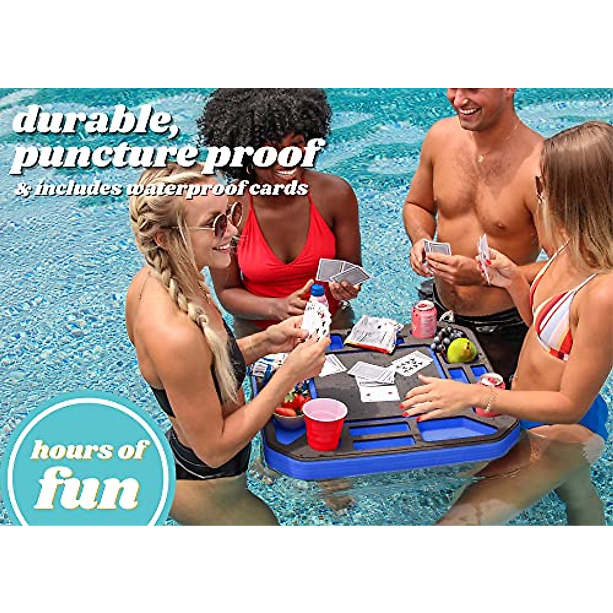 Polar Whale Floating Poker Table Blue and Black Game Tray for Pool Beach Party Float Lounge Durable Foam 23 Inch Chip Slots Drink Holders with Waterproof Playing Cards Deck UV Resistant