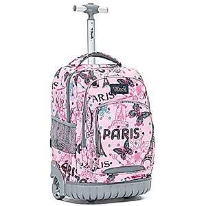 NEW TILAMI Rolling Backpack for Kids, Cute 18 Inches Boys Wheeled Laptop Backpack for Girls Travel School Student Trip Bag, Pink Paris