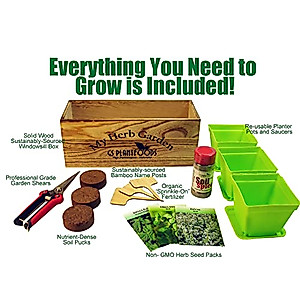 Herb Window Garden Gift Set- Complete windowsill herb Garden Growing kit Including Seeds, pots, Quality herb Clippers, Soil pods All in a Beautiful Planter Box. Hands on Gift Set.