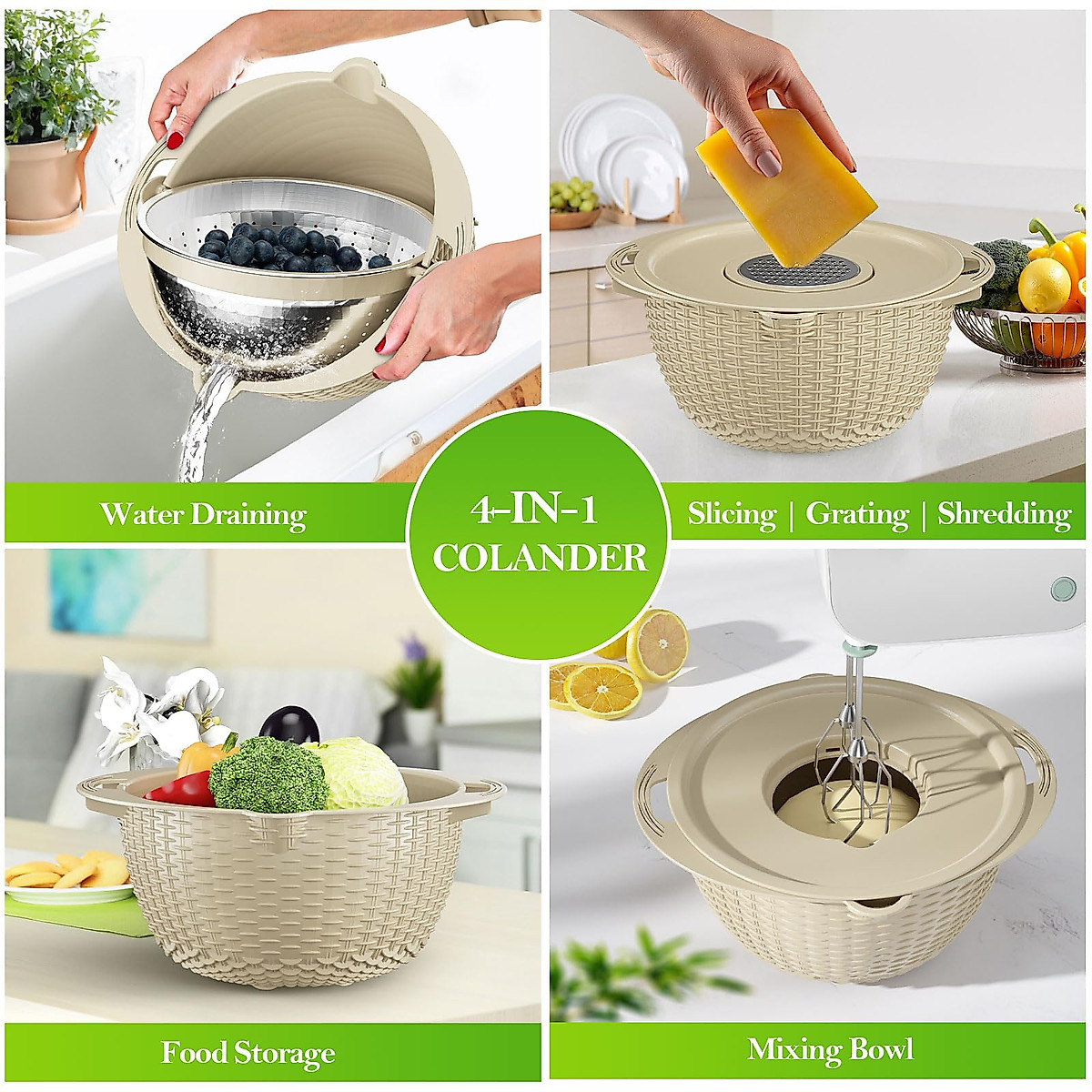 4-1 Colander with Bowl Set - Strainers for Kitchen, Food Strainers and Colanders, Pasta Strainer, Rice Strainer, Fruit Cleaner, Veggie Wash, Salad Spinner, Apartment & Home Essentials - Beige