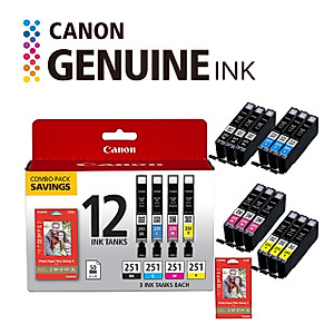 Canon CLI-251 BK/C/M/Y 12 Color Combo Pack Compatible to MG7520, MG5620, MG6620
