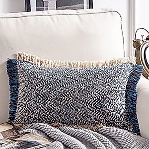 Phantoscope Decorative Boho Throw Pillow with Pillow Insert Included, Hand Woven Textured Pillow Cover with Fringe Trim, Modern Farmhouse Square Cushion Pillow, Dark Blue 12 x 20 Inches