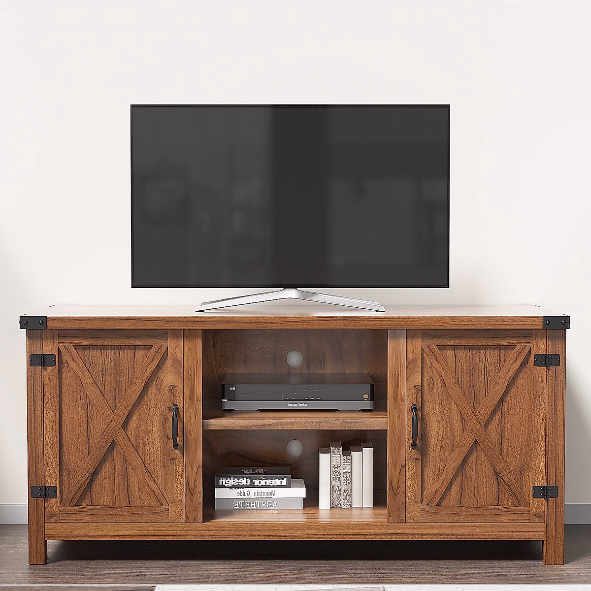 Farmhouse TV Stand for 65 Inch TV, Mid Century Modern Television Stand Entertainment Center for Living Room Bedroom, TV Console Table with Double Barn Doors and Storage Cabinets (Walnut)
