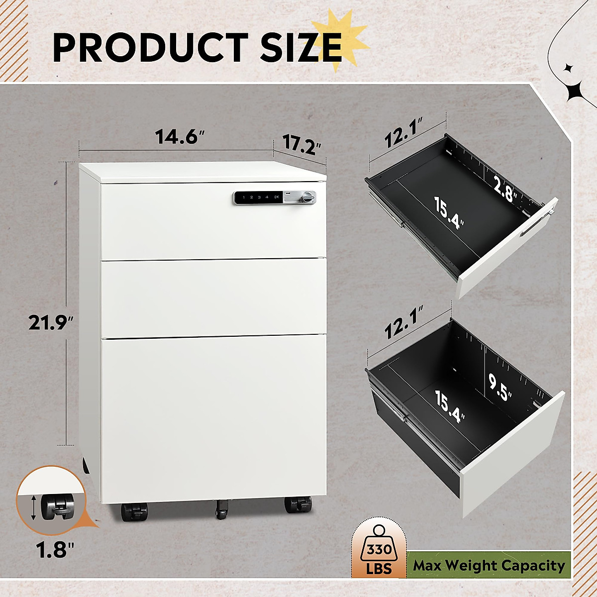 DEVAISE 3-Drawer Mobile File Cabinet with Smart Lock, Pre-Assembled Steel Pedestal Under Desk, White