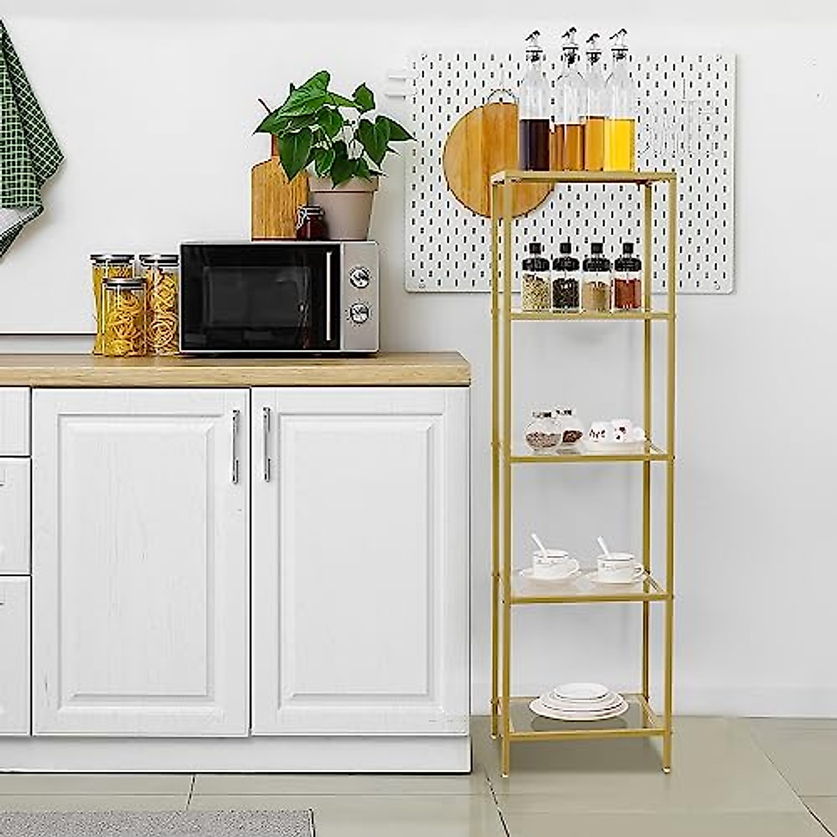 Homhedy 5-Tier Bookshelf,Metal Bookcase,Tempered Glass Shelves,Storage Rack Shelf for Home Office ,Living Room,Bedroom, Bathroom,Modern Style,Golden