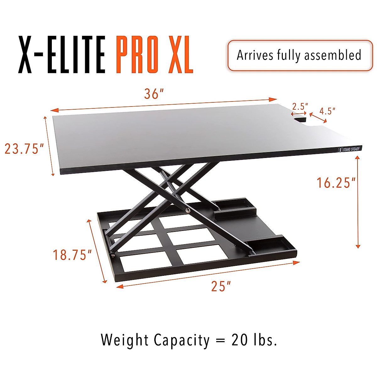 Stand Steady X-Elite Pro XL, Ergonomic Adjustable Height Standing Desk Converter, Extra Large Sit to Stand Laptop Desk Riser, Easily Fits 2 Computer Monitors (Black, 36 x 16)