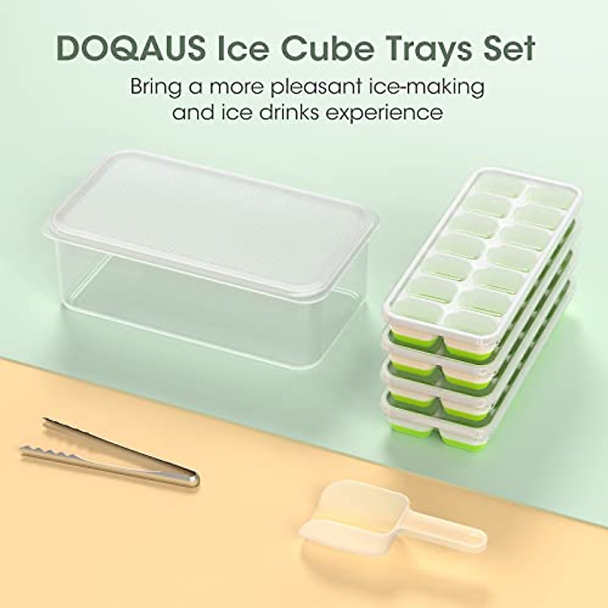 DOQAUS Ice Cube Tray with Lid and Bin, Silicone & Plastic Ice Cube Trays for Freezer with Ice Box, 4 Pack Ice Trays with Ice Container, Stackable Ice Tray with Storage Ice Bucket Bin, Ice Tong & Scoop